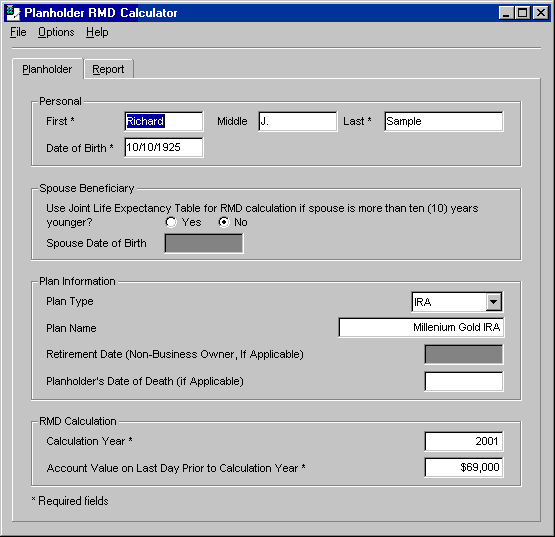 ImagiSOFT, Inc. Required Minimum Distributions Software Input Screen